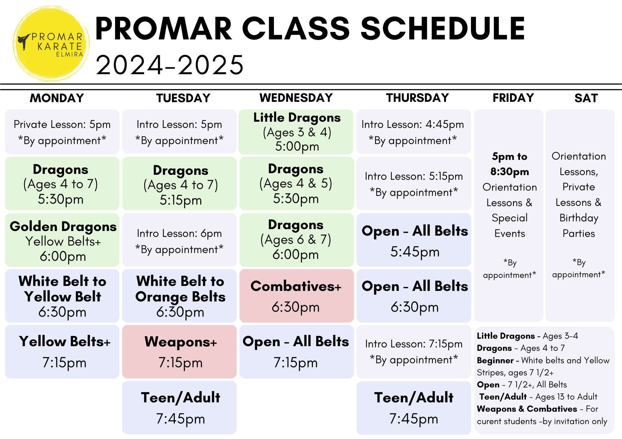 Class Schedules for Elmira and Listowel - Promar Karate